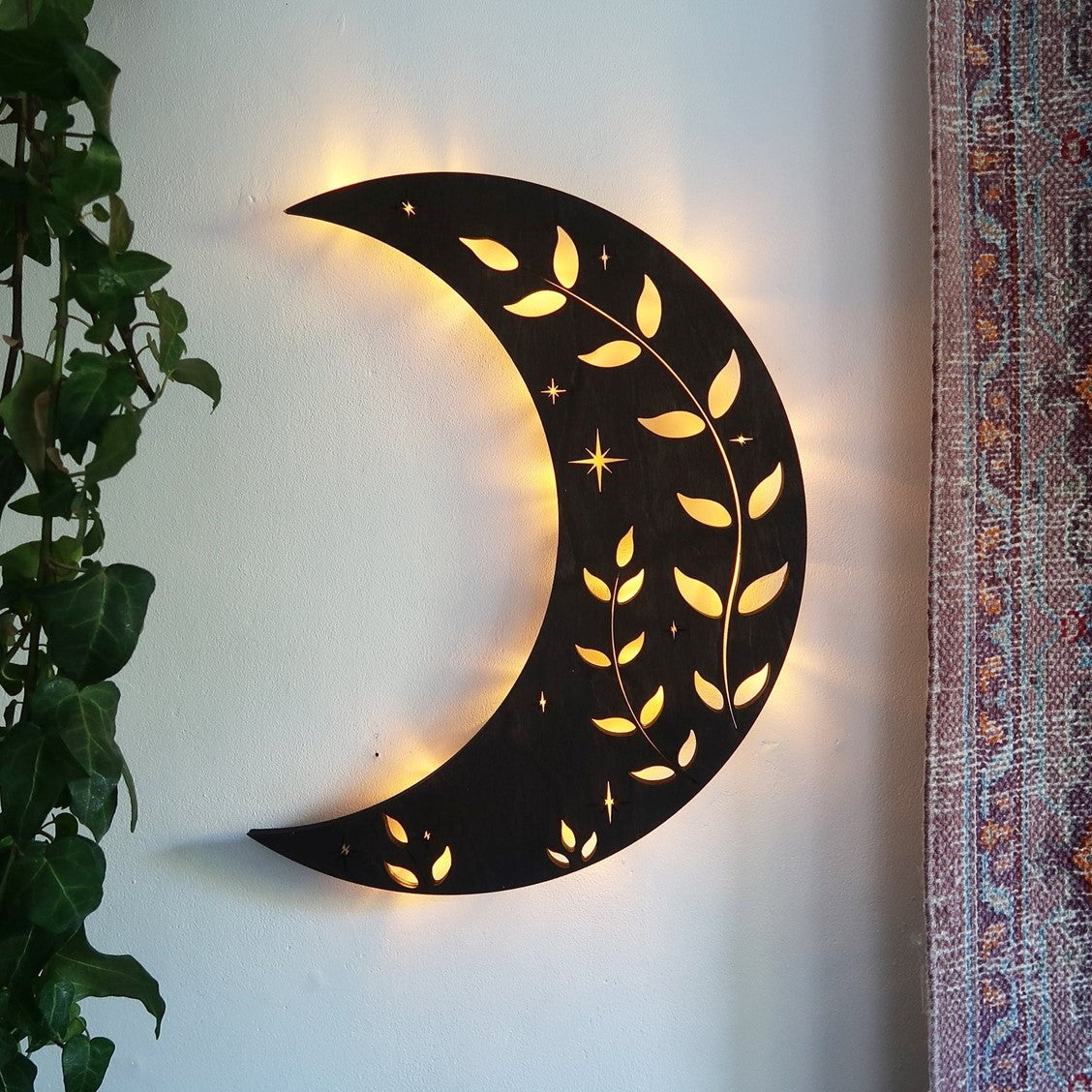 Botanical Crescent Moon Wooden Wall Lamp - Limited Edition Reversed Pa ...