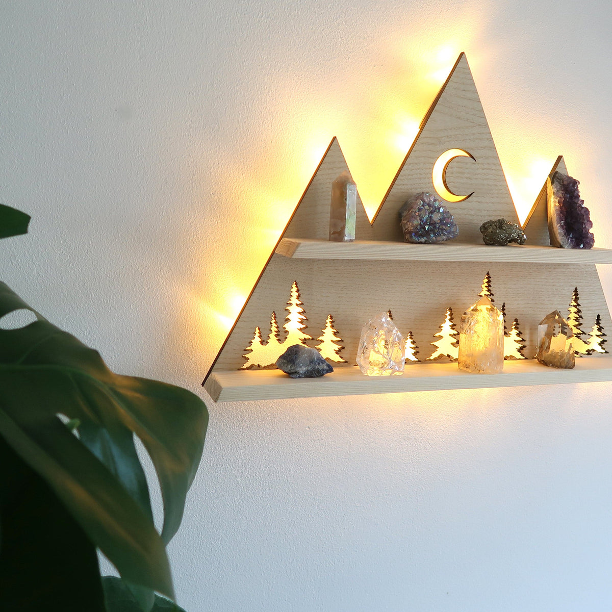 Light Wood Wilderness Forest Mountain and Moon Wall light shelf ...